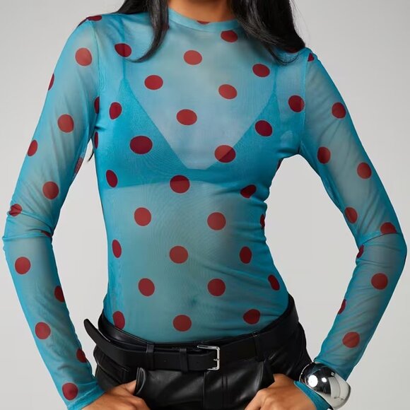 Tops | Bluered Polka Dot Mesh Top | Poshmark